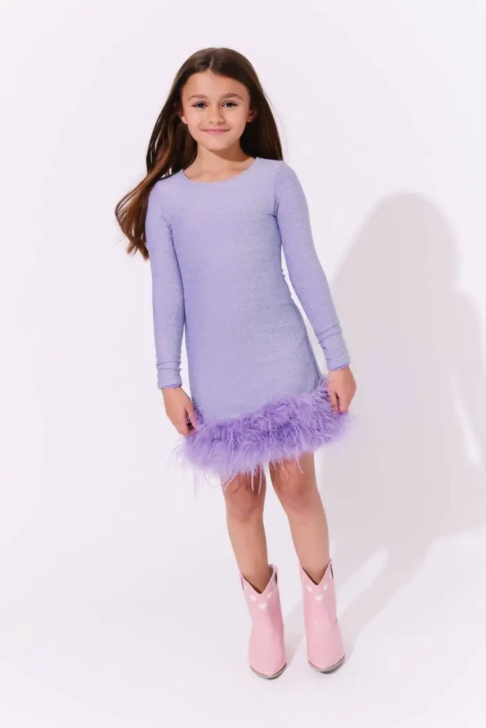 Lavender Shimmer Dress For Girls – Feather Hem | Togs Moments