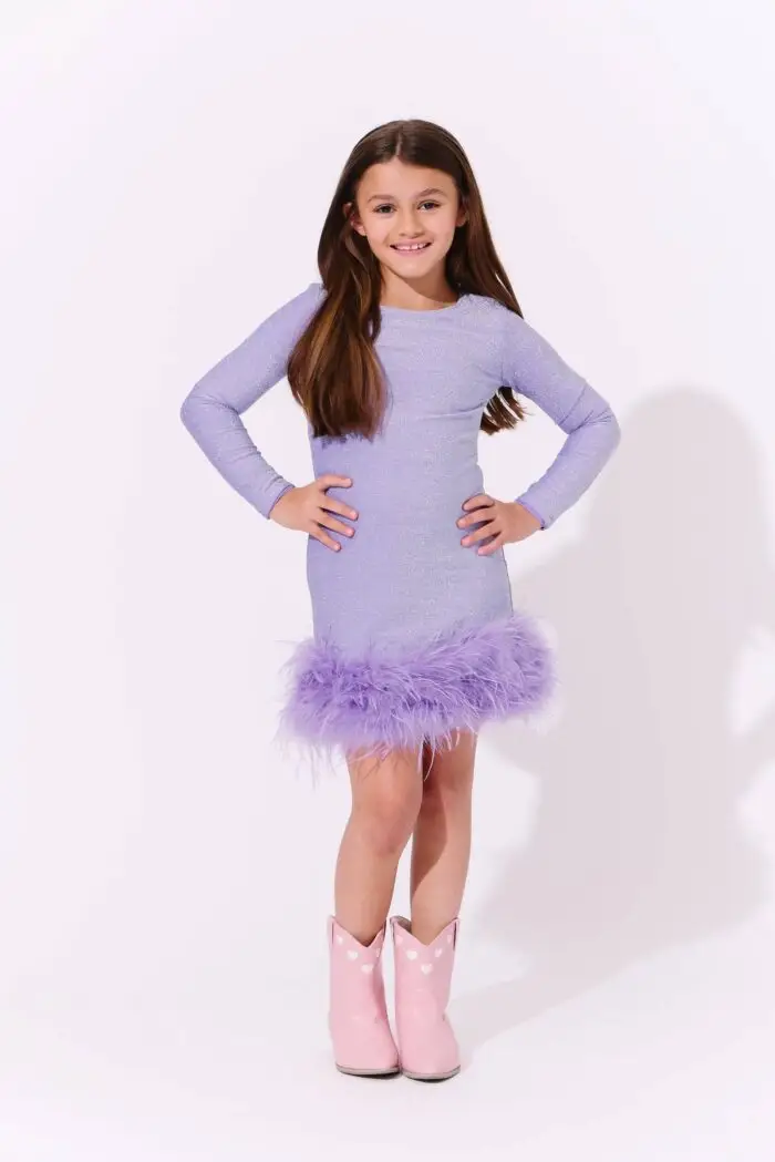 Lavender Shimmer Dress For Girls – Feather Hem | Togs Moments